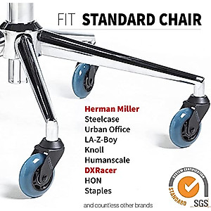 STEALTHO Patented Replacement Office Chair Caster Wheels Set of 5 - Protect Your Floor - Quick & Quiet Rolling Over Cables - No More Chair Mat Needed - Blue Polyurethane - Standard Stem 7/16 inch