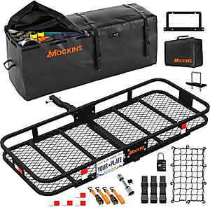 Mockins 60"x20"x6" Folding Trailer Hitch Cargo Carrier & 16 Cu.Ft. Waterproof Tow Hitch Cargo Carrier Bag Set | 500 Lbs. Capacity All-Weather Luggage Rack for Car, SUV, & Truck with Bag & Accessories