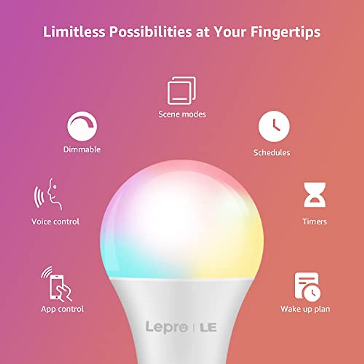 LE Smart Light Bulbs, LED Color Changing Lights, Works with Alexa and Google Assistant, RGB & Soft Warm White, 60 Watt Equivalent, Dimmable with App, A19 E26, No Hub Required, 2.4GHz WiFi Only, 4 Pack