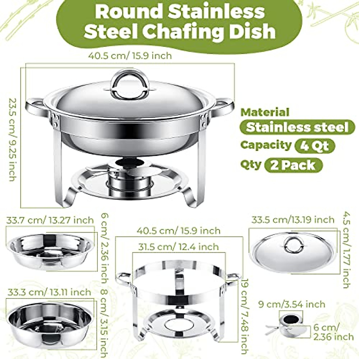 4 Pcs Chafing Dishes Buffet Set Stainless Steel Chafing Dishes 9.5 Qt Rectangular Chafers 3.7 Qt Round Buffet Warmers Set Silver Food Warm with Folding Frame for Banquet Party Catering Supplies