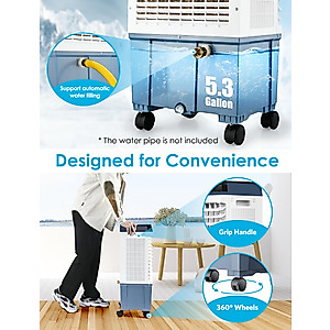 Air Choice Evaporative Air Cooler, 1800CFM Swamp Cooler with 12H Timer, 110° Oscillation, Remote Control & 5.3 Gal Water Tank, 3 Speeds, 4 Ice Packs, 3-in-1 Evaporative Cooler for Outdoor Indoor Use