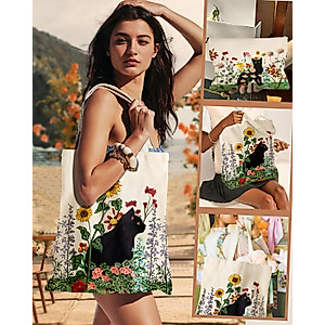 Miss Adola Aesthetic 2 Set Canvas Tote Bag - with Cosmetic Makeup Zipper Pouch Bag for Women Cloth Cotton Tote Bag for Shopping, Gym, Work, Travel, Vacation, Grass Cat