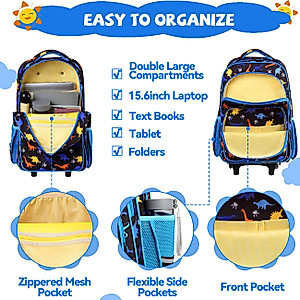 VASCHY Rolling Backpack Kids, 17in Water Resistant Large Schoolbag Carry-on Travel Trip Bag with Wheels for Girls Pink Dinos