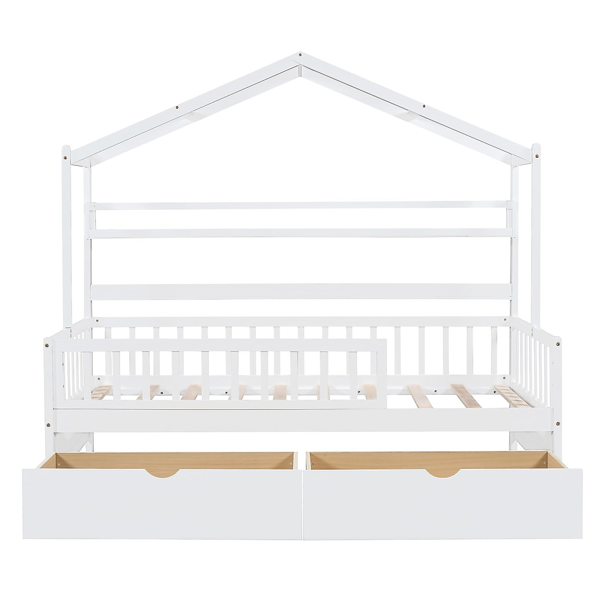 Merax Wood Twin House Bed Frame with Drawers/Book Shelf,Low Sofa Daybed for Boys Girls,No Box Spring Needed White