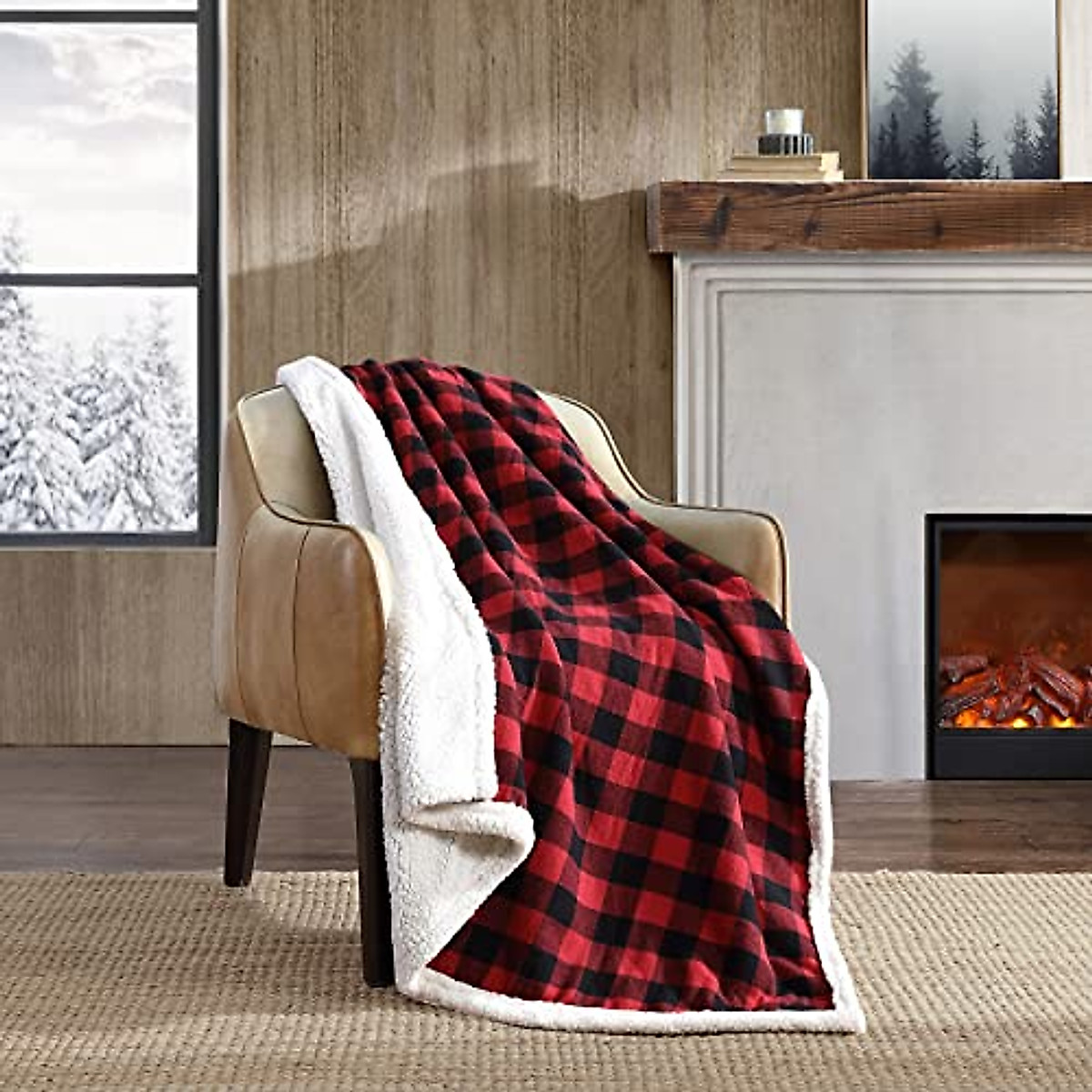 Eddie Bauer,Polyester Throw Blanket with Pillow Reversible Flannel/Sherpa Bedding Set, Buffalo Plaid Home Decor for All Seasons, 1 Count (Pack of 1), Red/Black Check