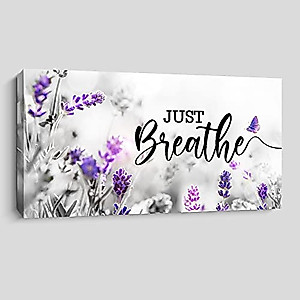 Creoate Just Breathe Bedroom Wall Art, Purple Lavender Picture with Inspirational Quotes Canvas Print Artwork for Home Decoration
