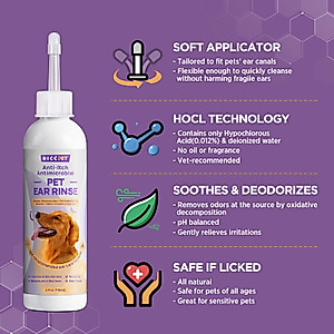 HICC PET Dog Ear Cleaner - Dog Ear Inflammation Therapy with 0.012% Hypochlorous Acid for Itch Relief, Soothe Ear Inflammation, Removes Wax, Odor, with 30 Cotton Swabs, 4 Fl oz