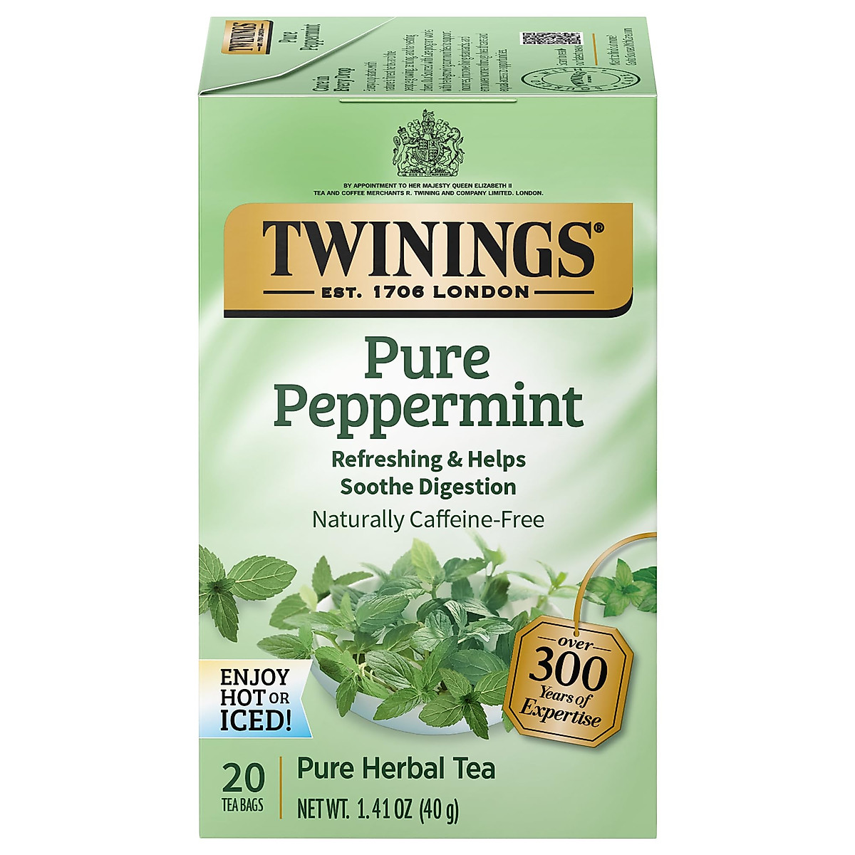 Twinings Pure Peppermint Herbal Tea Individually Wrapped Bags, 20 Count (Pack of 1), Fresh Minty Flavour, Naturally Caffeine-Free, Enjoy Hot or Iced | Packaging May Vary