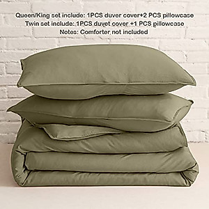 Olive Green Linen-Textured 55% Viscose from Bamboo 45% Cotton Duvet Cover Set, Pre-washed Soft Breathable Queen Size Duvet Cover for Hot Sleepers, Natural Organic Duvet Cover with 2 Pillowcases