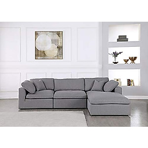 Meridian Furniture Serene Collection Modern | Contemporary Deluxe Comfort Modular Sectional, Soft Linen Textured Fabric, Down Cushions, 2 Corner + 1 Armless + 1 Ottoman, Grey