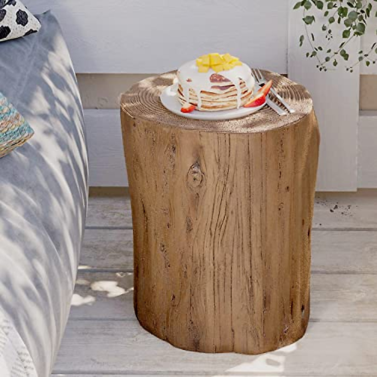 HOMPUS Concrete Outdoor Side Table Tree Stump Modern Round Coffee Table Accent Table Plant Stand Faux Wood End Table Garden Stool for Patio,Home Decor, Living Room(Light Oak)
