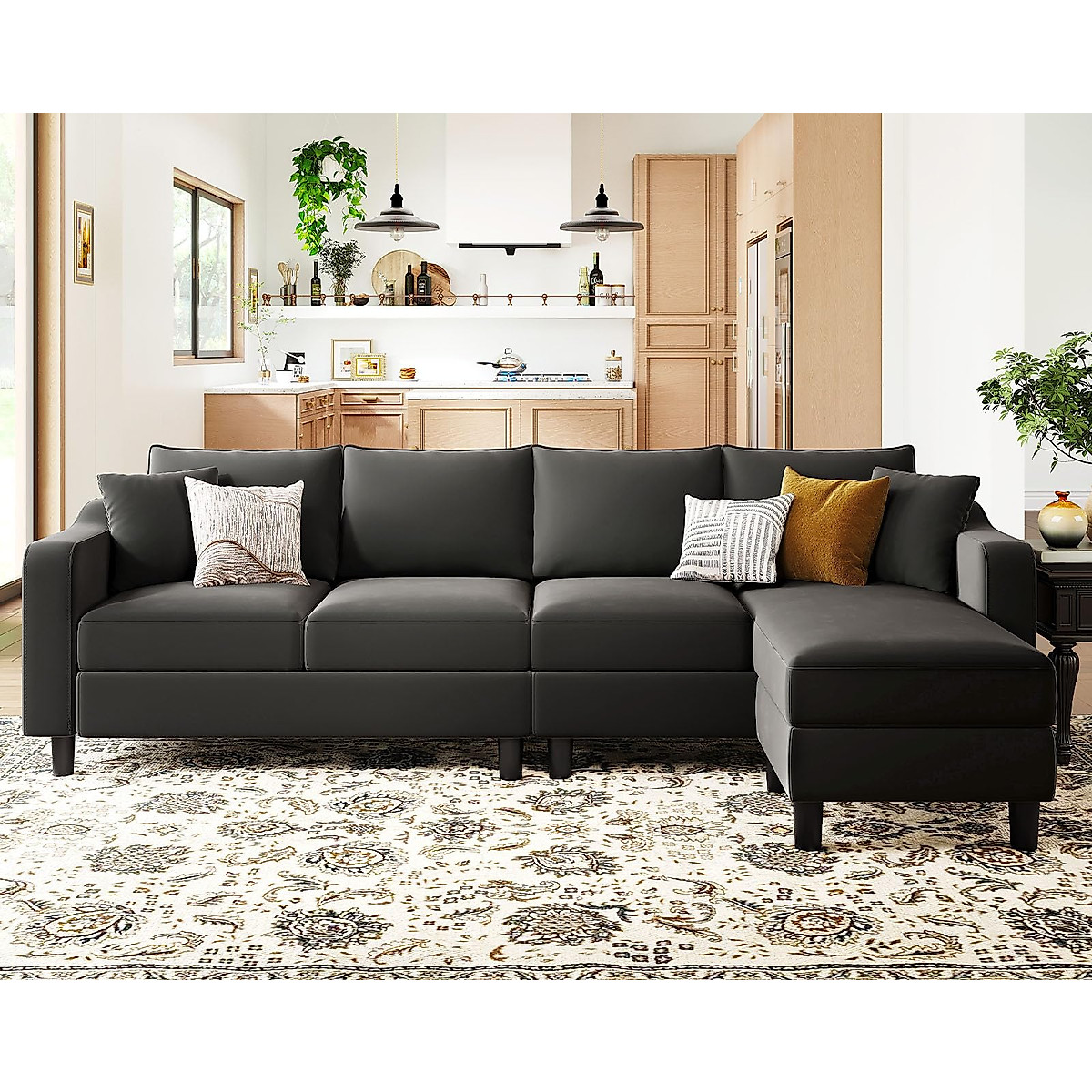 Belffin Velvet Convertible Sectional Sofa L Shaped Couch Reversible Sectional Sofa with Chaise Velvet 4 Seat Sectional Sofa (Grey)…