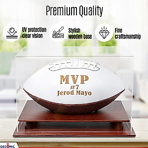 DECOMIL - Football Display Case Holder, Football Case, UV Protection No Assembly Panels, All 4 Sides Visible, Solid Wood Base - Cherry Finish