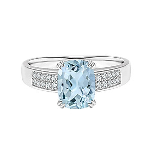 MOONEYE Multi Prong Set 7X5MM Emerald Cut Aquamarine Gemstone 925 Sterling Silver Solitaire Women Ring (Silver, 5)