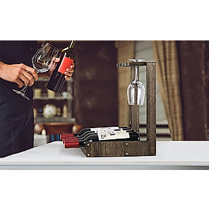 NANANARDOSO Wine Rack, Rustic Wood Wine Storage Shelf with Glass Holder Tabletop Wine Bottle Holder Organizer for Kitchen Cabinet Pantry (Rustic Brown, 4-Slot)