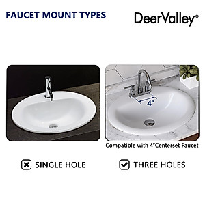 Bathroom Vessel Sink, DeerValley, 20”x17” Oval Ceramic Drop-in Sink for Bathroom White Vessel Sink Modern Art Basin Bathroom Sink with Overflow and Three Faucet Holes at 1.25”, DV-1DS0120