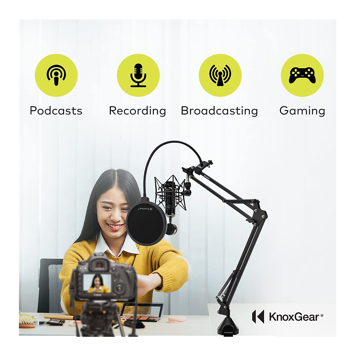 Knox Gear Boom Arm Microphone Stand for Podcasts, Studio Recording, Radio Broadcast, and Gaming, Microphone Desk Stand with 360-degree Rotation, Black Microphone Stand with 5/8-inch Screw Adapter