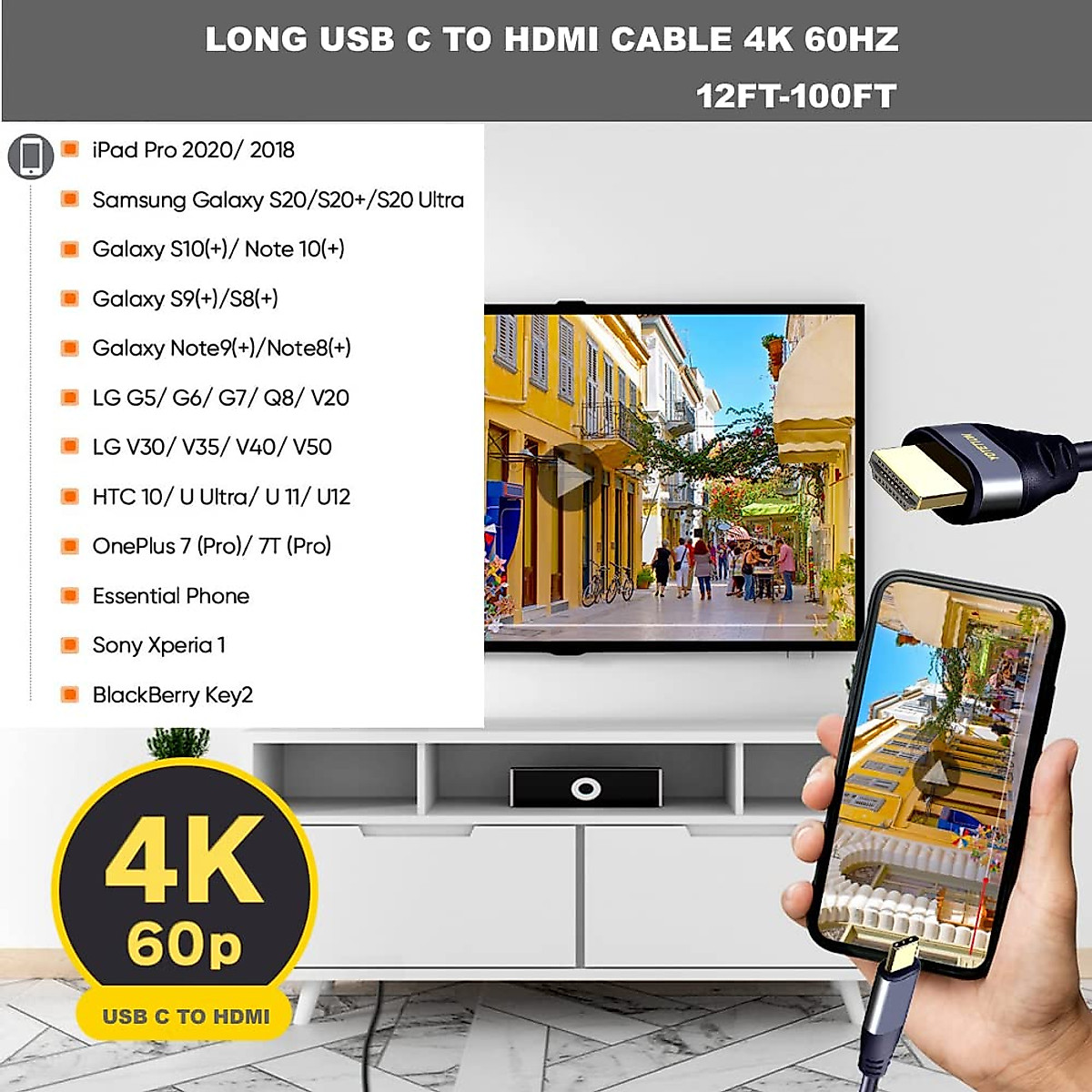 USB C to HDMI Cable 30FT/10M with IC, 4K@60HZ Type-C to HDMI for MacBook Pro/Air, iMac, Galaxy S20 S10 S9 S8, Surface, Dell, HP, MacBook Pro, MacBook Air, iPad Pro, Pixelbook, XPS, Galaxy