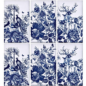 6 Pieces Chinese Style Kitchen Tea Towels, Chinoiserie Dish Towels Kitchen Bar Towels Animal Peacock Elk Flower, Chinese New Year Hand Towel Spring Festival Large Plate Cloth Set, White and Blue
