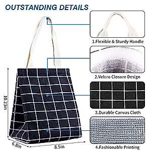iknoe Insulated Lunch Bag for Women, Durable Wide-Open Foldable & Portable Lunch Tote with Interior Pockets, Water-resistant Thermal Lunch Cooler for Adults Picnic Beach-Black Plaid