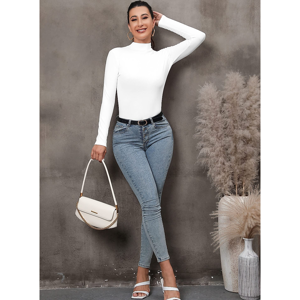 FOUGEDE Women's Mock Turtleneck Long Sleeve/Sleeveless/Half Sleeve/Short Sleeve/Crop Top Basic Fitted Stretch Slim Tops White