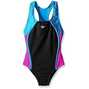 Speedo Girl's Swimsuit One Piece Mesh Splice Thick Strap , Speedo Black , 12