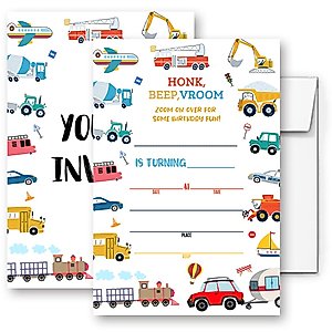 LoaHak Transportation Birthday Invitations Greeting Card, 20 Invitations and Envelopes, 4x6 inches, Minimalist Modern Style