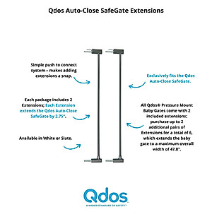 Qdos Auto-Close SafeGate Baby Gate Extensions - Meets Tougher European Standards - Professional Grade Safety - Each Extension Extends The Qdos SafeGate Pressure Gates by 2.75" | Set of 2 | Slate