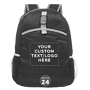 DISCOUNT PROMOS Custom Lightweight Travel Packable Backpacks Set of 24, Personalized Bulk Pack - Perfect for School, Camping, Outdoor Sports - Black