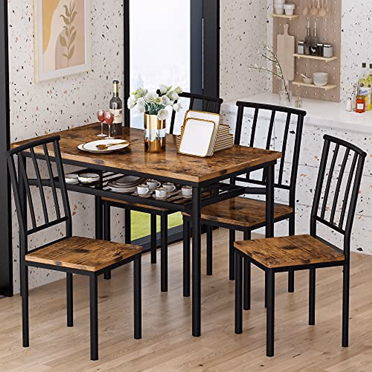 AWQM Dining Table Set for 4, Dining Table with Storage Shelf and 4 Chairs, Industrial Kitchen Table and Chairs for 4, Table and 4 Chairs Set for Breakfast Nook, Dining Room, Kitchen - Rustic Brown