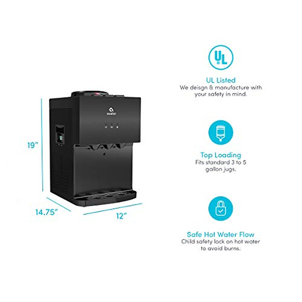 Avalon A11BLK 3 Temperature Top Loading Countertop Water Cooler Dispenser with Child Safety Lock. UL/Energy Star Approved-Black Stainless Steel
