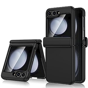 Maxdara for Z Flip 5 Case Hinge Protection with Built-in Glass Front Screen Protector, Support Wireless Charging Shockproof Protective Phone Case for Samsung Galaxy Z Flip 5 5G - Black