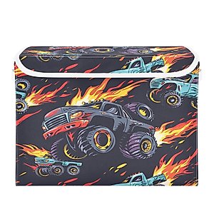 DALAWU Containers Baskets with Lids Monster Truck Running Fabric Foldable Storage Bins Organizer with Lid Collapsible Storage Boxes for Home Bedroom Closet Office