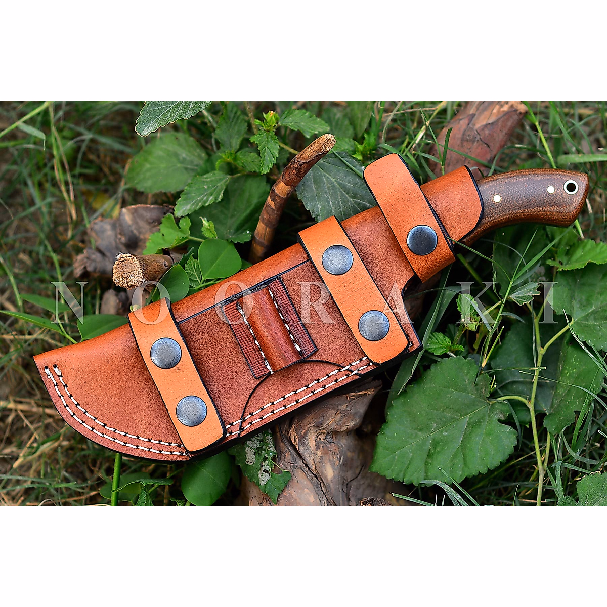 Nooraki - 11 inch | Custom Handmade Damascus Tracker Knife with Brown Micarta Handle Hunting knife, Camping knife, Bushcraft Knife, Survival Knife - Full Tang Fire Pattern With Sheath #332