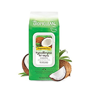 TropiClean Hypoallergenic Dog Wipes for Paws and Butt | Fragrance Free Dog Grooming Wipes | Safe for The Face | Puppy & Cat Friendly | 100 Count