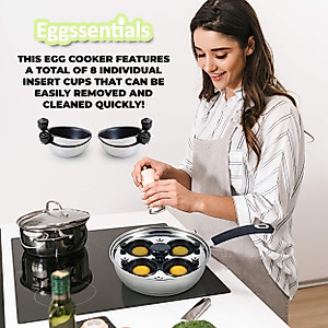 Eggssentials Egg Poacher Pan Nonstick Poached Egg Maker, Stainless Steel Egg Poaching Pan, Poached Eggs Cooker Food Grade Safe PFOA Free with Spatula