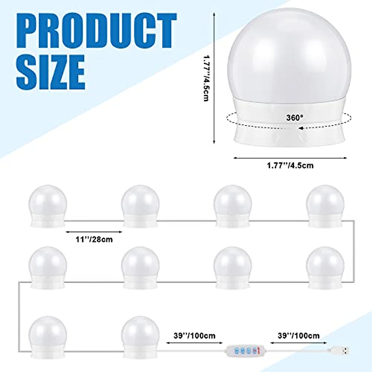 Yahenda 30 Pcs LED Vanity Lights Makeup Mirror Lights with Adjustable Color and Brightness Stick on Vanity Lighting Fixtures with 10 LED Light Bulbs for Bathroom Bedroom Dressing Mirror Wall Table