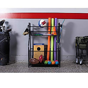 BirdRock Home Sports Equipment Ball Storage Rack for Garage - Baseball, Tennis, Football, Gym and Basketball Gear Organizer - Rack - Wide Bin Basket - 4 Hooks - Tools Garden Shovels Rack - Indoor