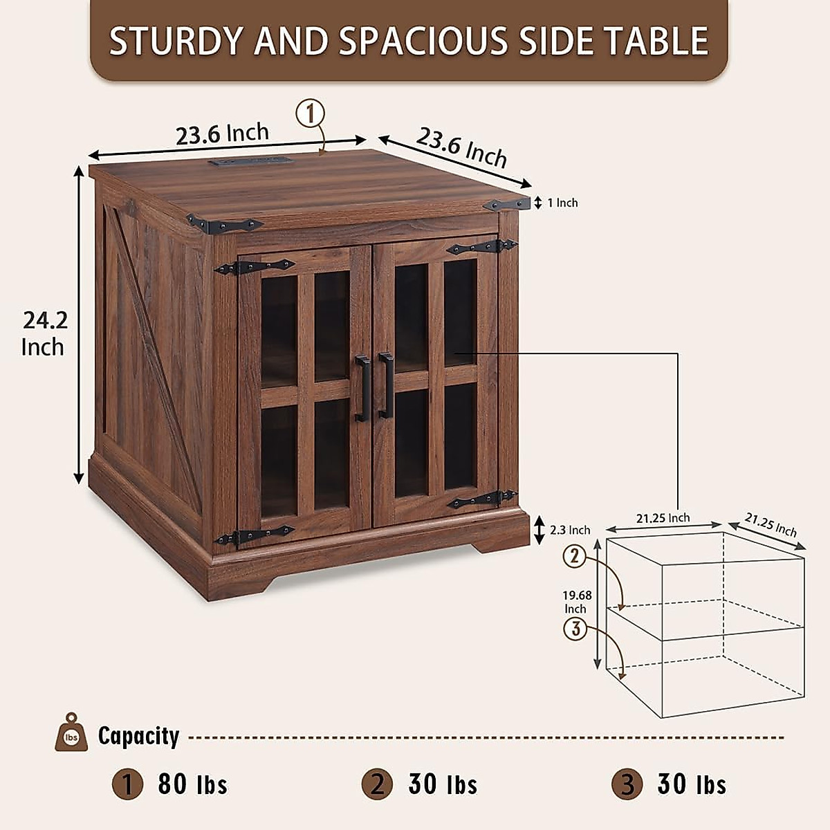 Barnyatoh Farmhouse End Table with Charging Station,24" Large Sofa Side Table with Glass Barn Door, Rustic Wood Nightstand Bedside Table with Adjustable Storage Shelf for Living Room, Bedroom, Walnut