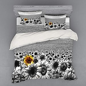 Lunarable Modern Duvet Cover Set, Sunflower Field Black and White a Single Yellow Flower Spring Landscape Individuality, 4 Piece Bedding Set with Shams and Fitted Sheet, King Size, Grey