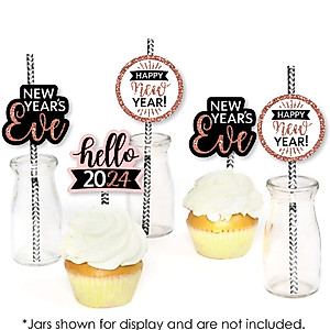 Big Dot of Happiness Rose Gold Happy New Year - Paper Straw Decor - 2024 New Year's Eve Party Striped Decorative Straws - Set of 24