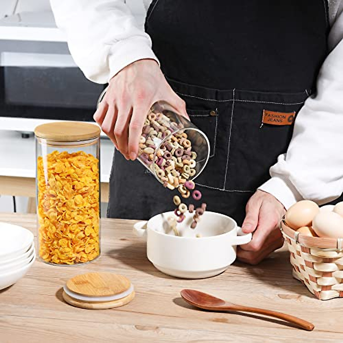 ComSaf Airtight Glass Storage Canister with Wood Lid(40oz), Clear Food Storage Container Jar with Sealing Bamboo Lid for Noodles Flour Cereal Rice Sugar Tea Coffee Beans, Round Set of 3