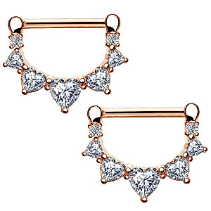 Melighting 2pcs 14G Nipple Ring Surgial Steel 316L Nipple Piercing Jewelry Shiny Heart Clear CZ Nipple Bars Nipple Barbell for Women Rose Gold 14mm