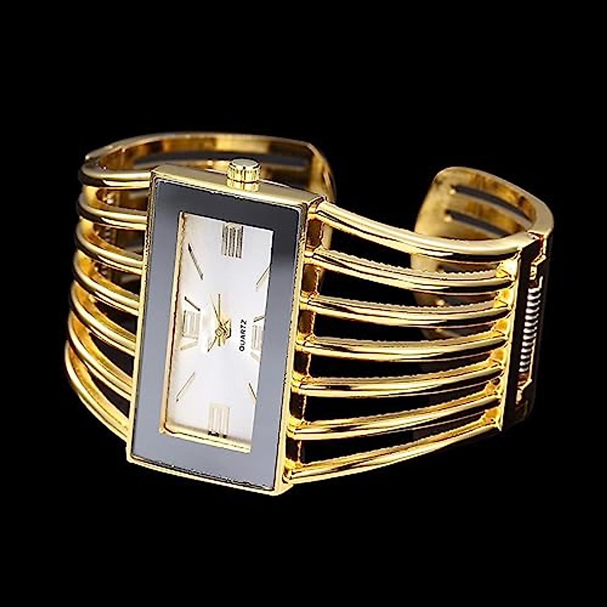 SENRUD Fashion Cuff Bracelet Watches for Women Luxury Rectangular Dial Analog Quartz Wrist Watch Gifts for Ladies (Gold Black)