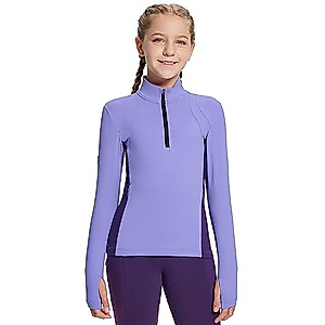BALEAF Fleece Long Sleeve Shirts, Girls Fall Jacket Half Zip Sweatshirts Horse Riding Camping Thermal Coat Kids Purple M