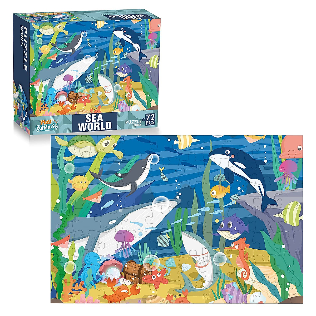 Jumbo Floor Puzzles for Kids Ages 3-5 Preschool Learning Toys Sea Animals Puzzles for Toddlers&Kids Ages 2-4 Years Old,72 Pieces Blue Card Material (Sea World)