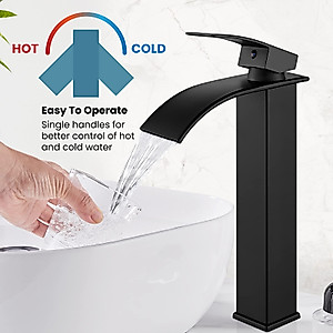 gotonovo Waterfall Tall Bathroom Faucet Single Handle Bathroom Faucets for Sink 1 Hole Stainless Steel Vessel Sink Faucet Modern Mixer Tap Wash Basin Faucet Without Pop Up Drain, Matte Black