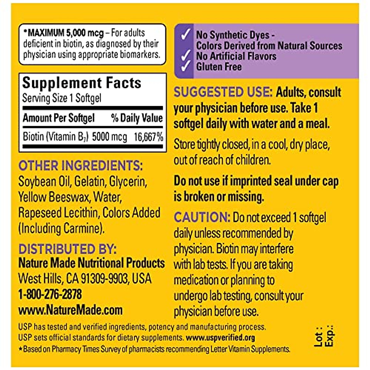 Nature Made Maximum Strength Biotin 5000 mcg, Dietary Supplement may help support Healthy Hair, Skin & Nails, 50 Softgels