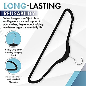 ZULLCO Black Velvet Hangers for Women and Men, 50 Pack, Premium Non-Slip Clothes Hanging Accessories with 360° Swivel Hook for Dress Pants, Jackets, Dresses, and Delicate Garments