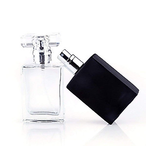 2 Pack - 30ML Flint Glass Refillable Perfume Bottle, Square Portable Cologne Atomizer Empty Bottle with Spray Applicator For Travel (Transparent and Black)